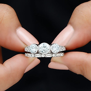 3.25 CT Moissanite Wedding Ring Set, Three Stone Moissanite Ring Set for Women, Gold Moissanite Bridal Ring Set, Certified Moissanite Ring Set, 14K White Gold, Size:US 9.00