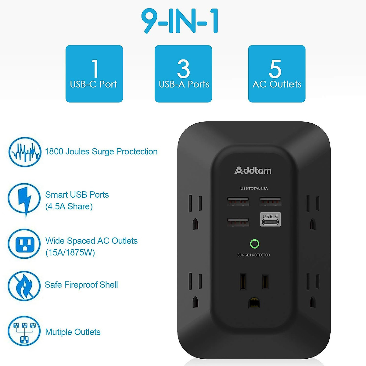 Power Strip Surge Protector, Addtam 6 Outlets and 3 USB Ports 5Ft Long Extension Cord and USB Wall Charger Surge Protector - Addtam 5 Outlet Extender with 4 USB Charging Ports (1 USB C, 4.5A Total)