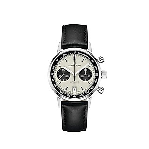 Hamilton Watch American Classic Intra-Matic Auto Chrono | Swiss Made | 40mm Stainless Steel Case | White Dial Analog Watch | Black Leather Strap (Model: H38416711)