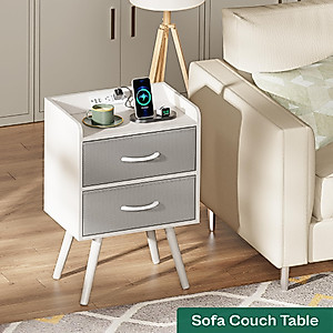 Huuger Night Stand with Charger Station, Nightstand with Drawers, Bedside Table, End Table with Solid Wood Feet, White Nightstand, Side Tables for Bedroom