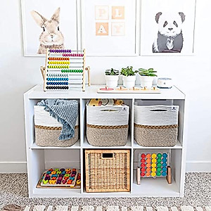 RITHLELA Woven Baskets 15"x10"x9" Cotton Rope Cube Storage Baskets Set of 3 Decorative Baskets Closet Cloth Storage Baskets and Bins for Shelves with Handles for Blanket, Laundry, Clothes - Light Tan