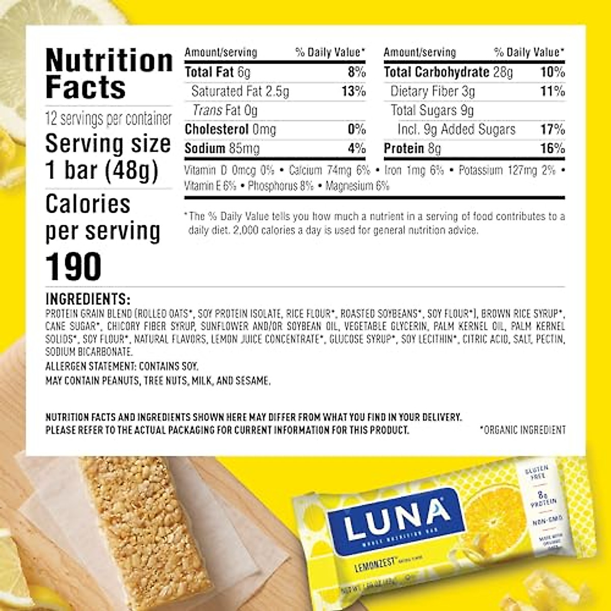 LUNA Bar - LemonZest Flavor - Gluten-Free - Non-GMO - 7-9g Protein - Made with Organic Oats - Low Glycemic - Whole Nutrition Snack Bars - 1.69 oz. (12 Pack)