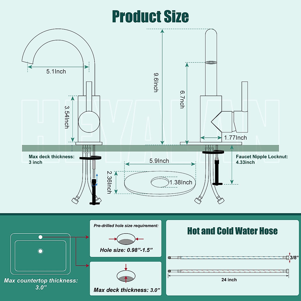 Heyalan RV Bathroom Sink Faucet,Bar Faucets Single Hole,RV Kitchen Restroom Campers Tap with Deck Plate & Drain Stainless Steel 360 Degree Rotation Spout,Matte Black,Circular Handle