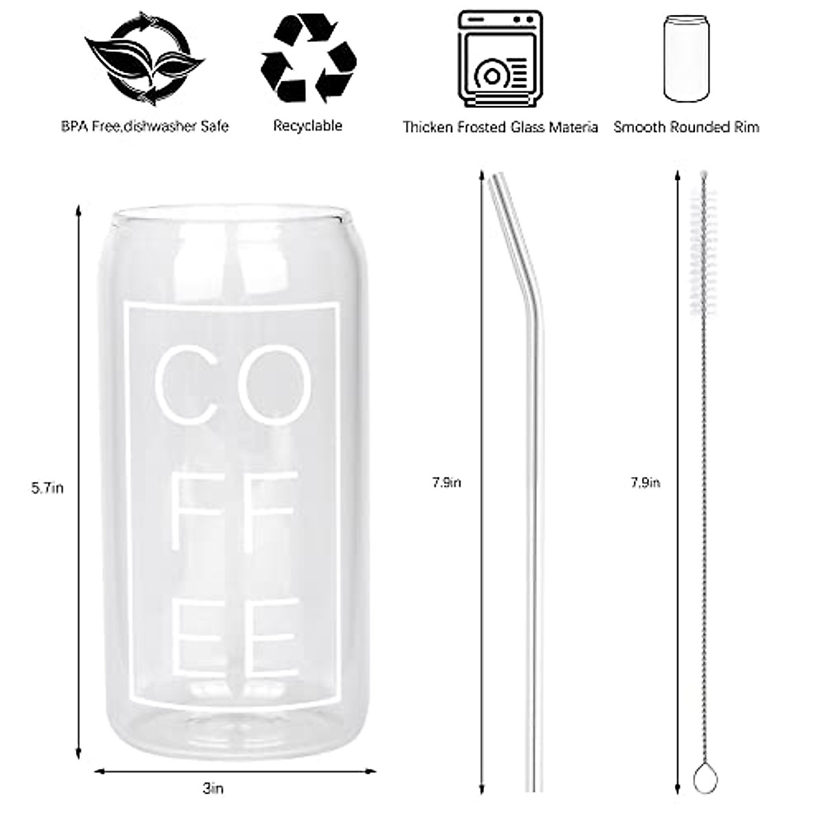 KAUND 4 PCS Ice Coffee Cup with Glass Straw,16oz Sublimation Boho Printed Beer Can Glasses,Ideal for Cocktails,Whiskey,Beer,Soda and Gifts - 2 Cleaning Brushes