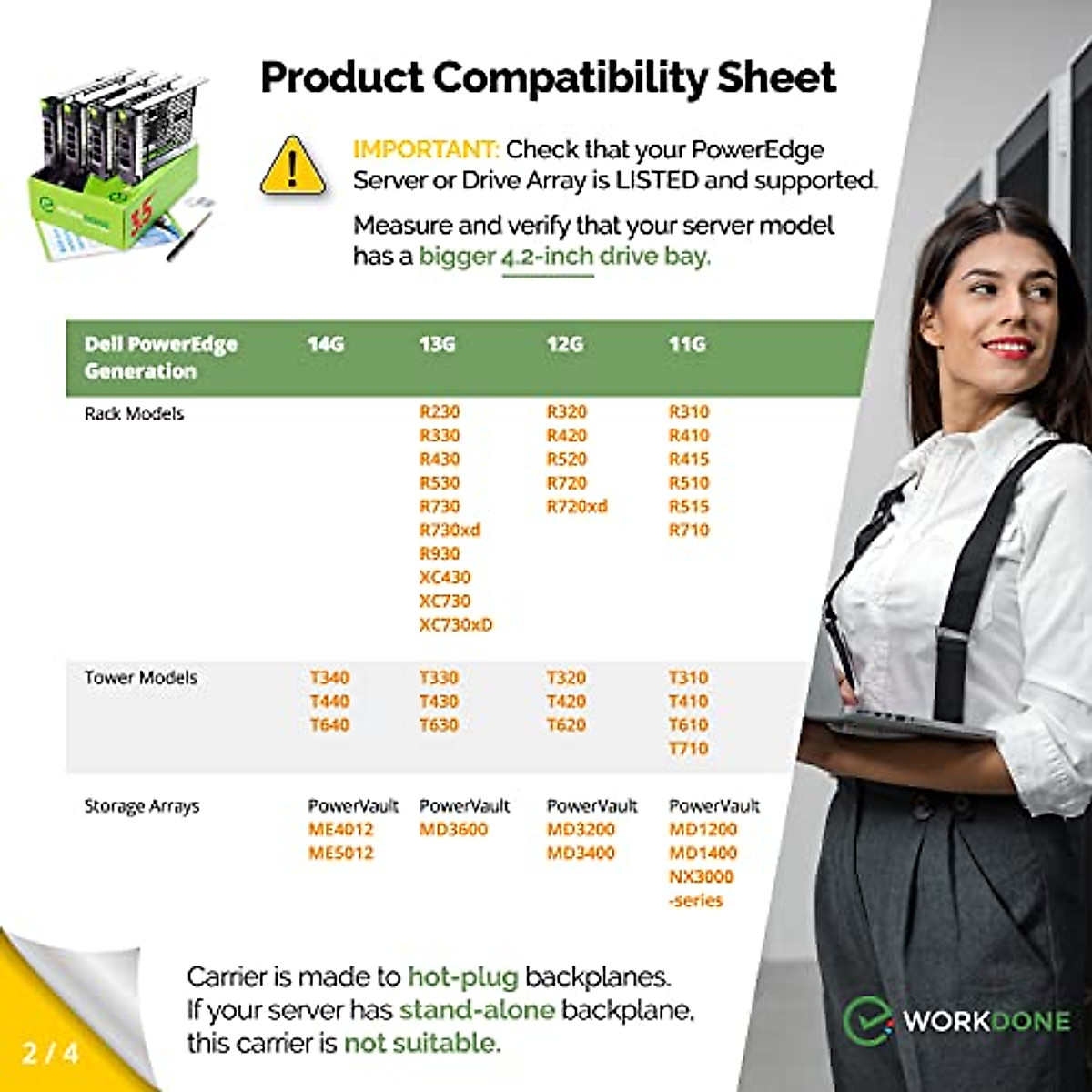WORKDONE 4-Pack - 3.5 inch Hard Drive Caddy - Compatible for Dell PowerEdge Selected 11-13th Gen. Servers - with Detailed Installation Manual - Sled Front Sticker Labels - Screwdriver