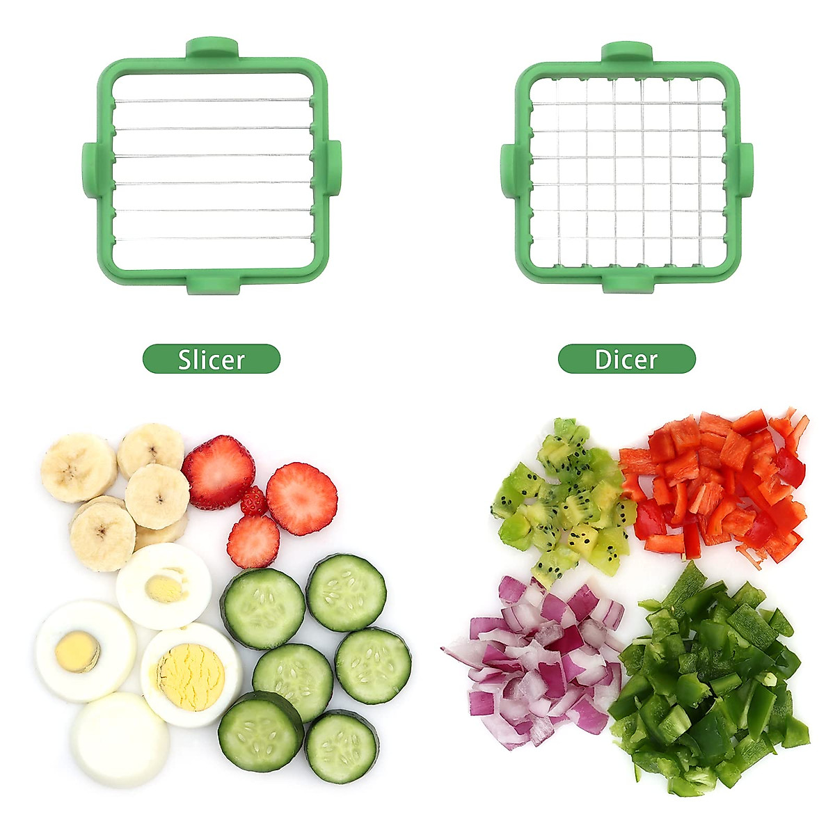 Vegetable Chopper - Vegetable Slicer - Fruit Chopper with Container - Pro Soft Food Chopper - Green Slicer Dicer Cutter - 2 Blades
