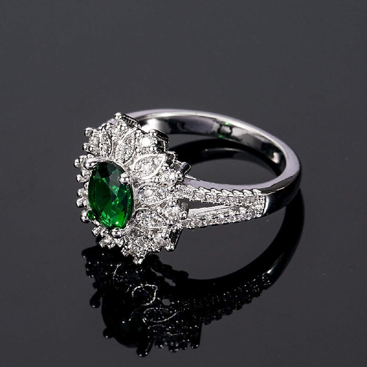 GUIDECUN Silver Plated Oval Cut Created Emerald May Birthstone Ring with Shining White Cubic Zirconia Simulated Diamond Halo (US size 10)