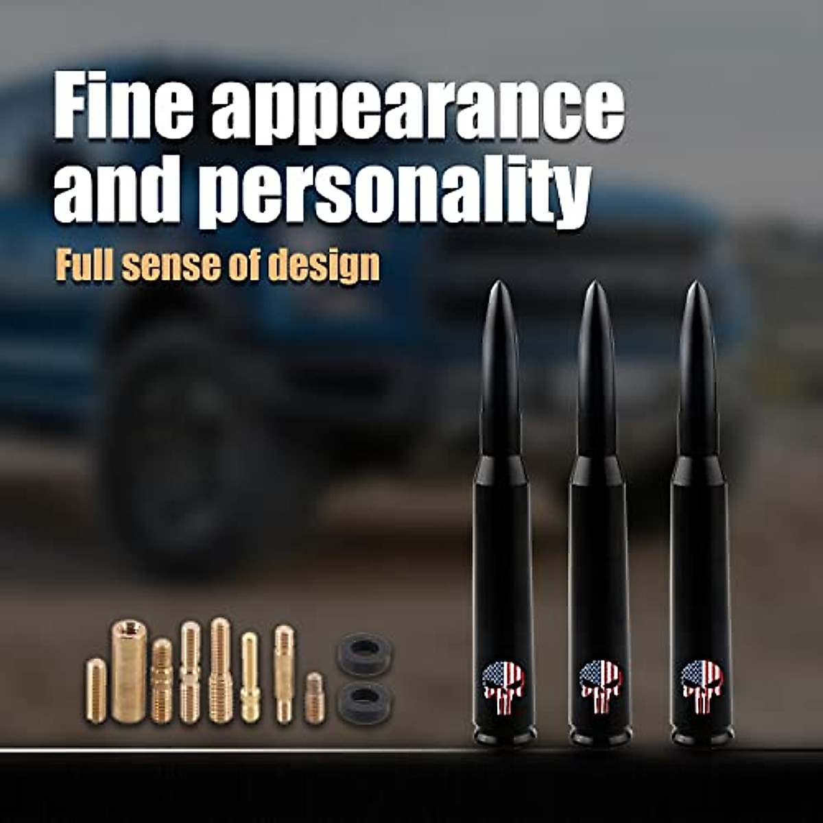 TimNas 1 PC Car Truck Bullet Antenna, Skull American Flag Pattern Antenna for GM Chevy Silverado 1500 2500 3500 HD Avalanche GMC Sierra 1500 2500 3500 Denali Heavy Duty Vehicle Accessories (Black)
