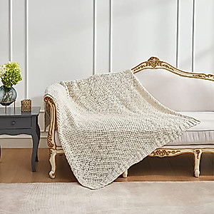 Amélie Home Chunky Slub Bulky Yarn Knit Blanket Textured Mulberry Woven Luxury Throw for Farmhouse Boho Decor Throw Blanket (Cream,50''x 60'')