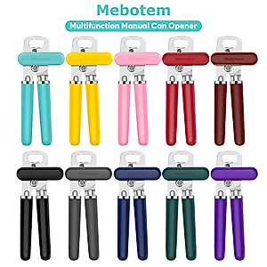 Mebotem 10 Colors Can Opener Manual Handheld Heavy Duty Hand Can Opener Smooth Edge Stainless Steel Can Openers Top Lid Kitchen Gadgets, Best Large Rated Easy Turn Knob, with Bottle Opener, Aqua Sky