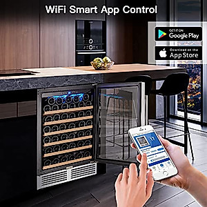 BODEGA 24 Inch Wine Cooler,52 Bottle Wine Refrigerator with WIFI APP Control Fits Champagne Bottles Keep Consistent Temperature Low noise Built in or Freestanding Wine Fridge for Home Office Bar