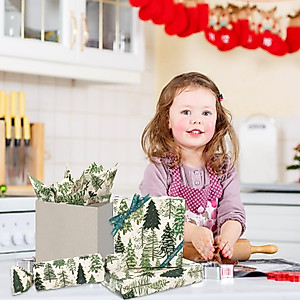 JarThenaAMCS 100 Sheet Christmas Tissue Paper Watercolor Forest Art Tissue Green Xmas Tree Wrapping Paper for Winter Birthday Wedding DIY Craft Gift Packing, 14 x 20 Inch