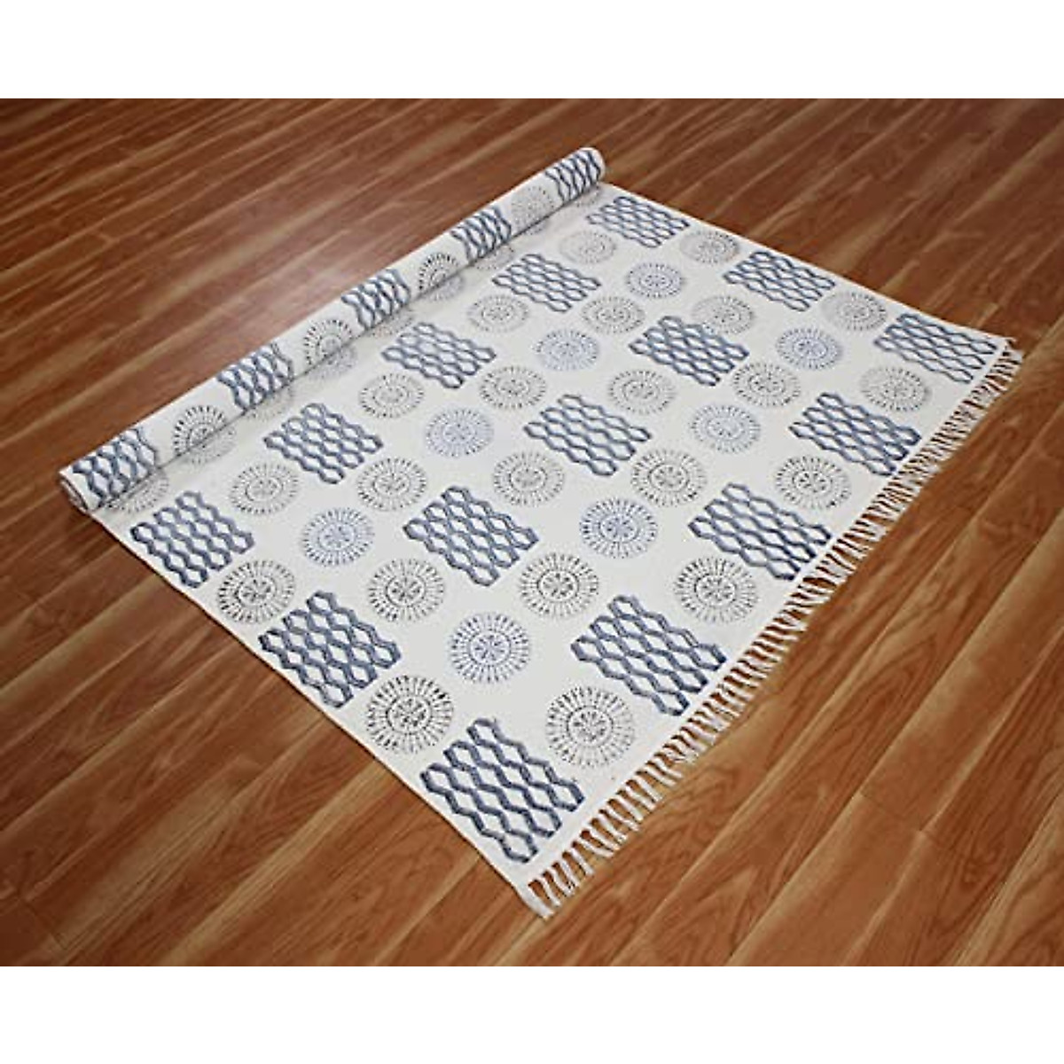 Casavani Hand Block Printed Rug Abstract Blue & Beige Tassel Rug Easy Care Washable Rugs for Doormat Entryway Living Room Bedroom Hallway Balcony 2.6x8 Feet Runner