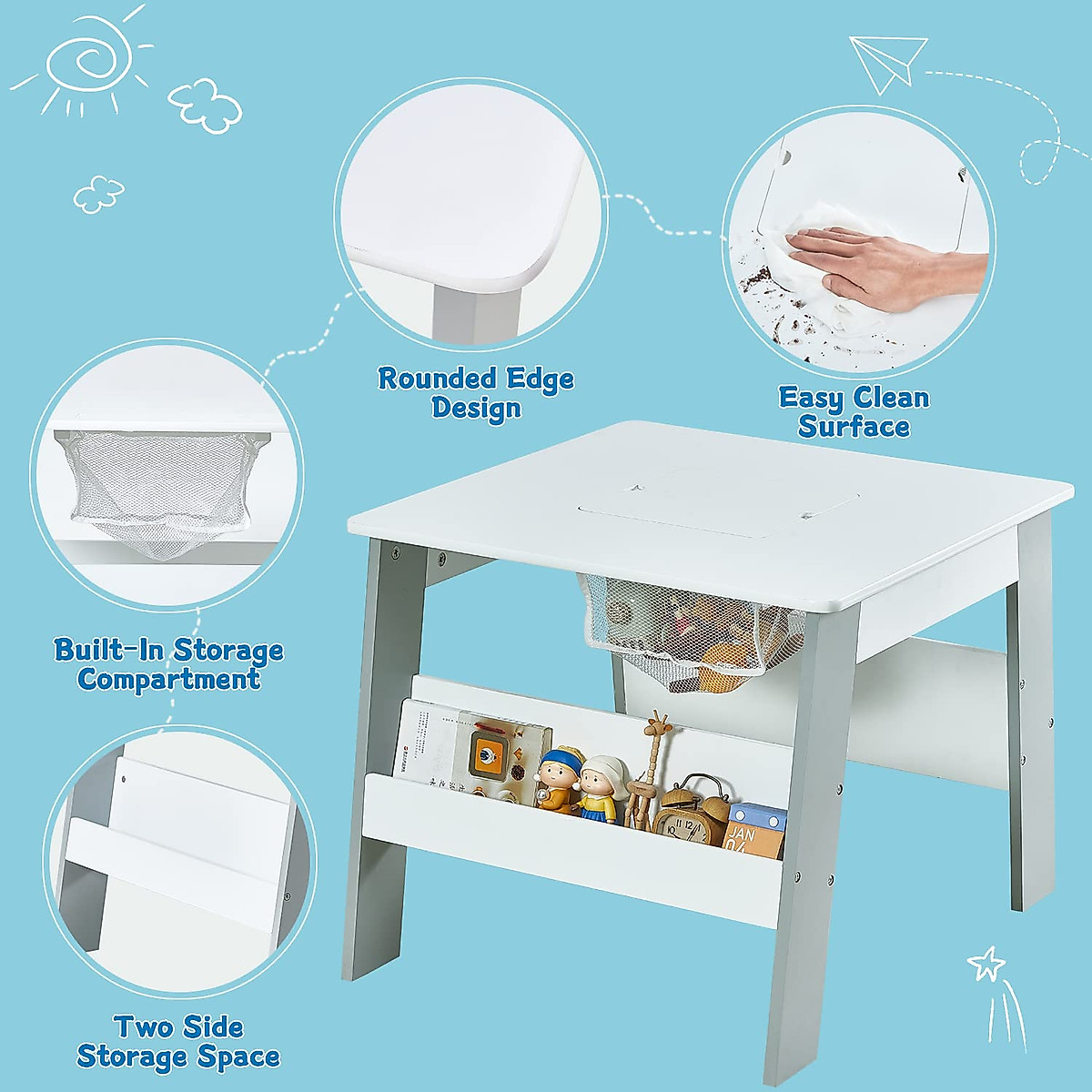 Anxious monkey Kids Table and Chairs Set, 2 in 1 Desk with Storage Space Wooden Activity Tabletop for Kids, Unique, Sturdy Children Table and Chairs Set for Reading, Drawing, Playroom, Gift for Kids