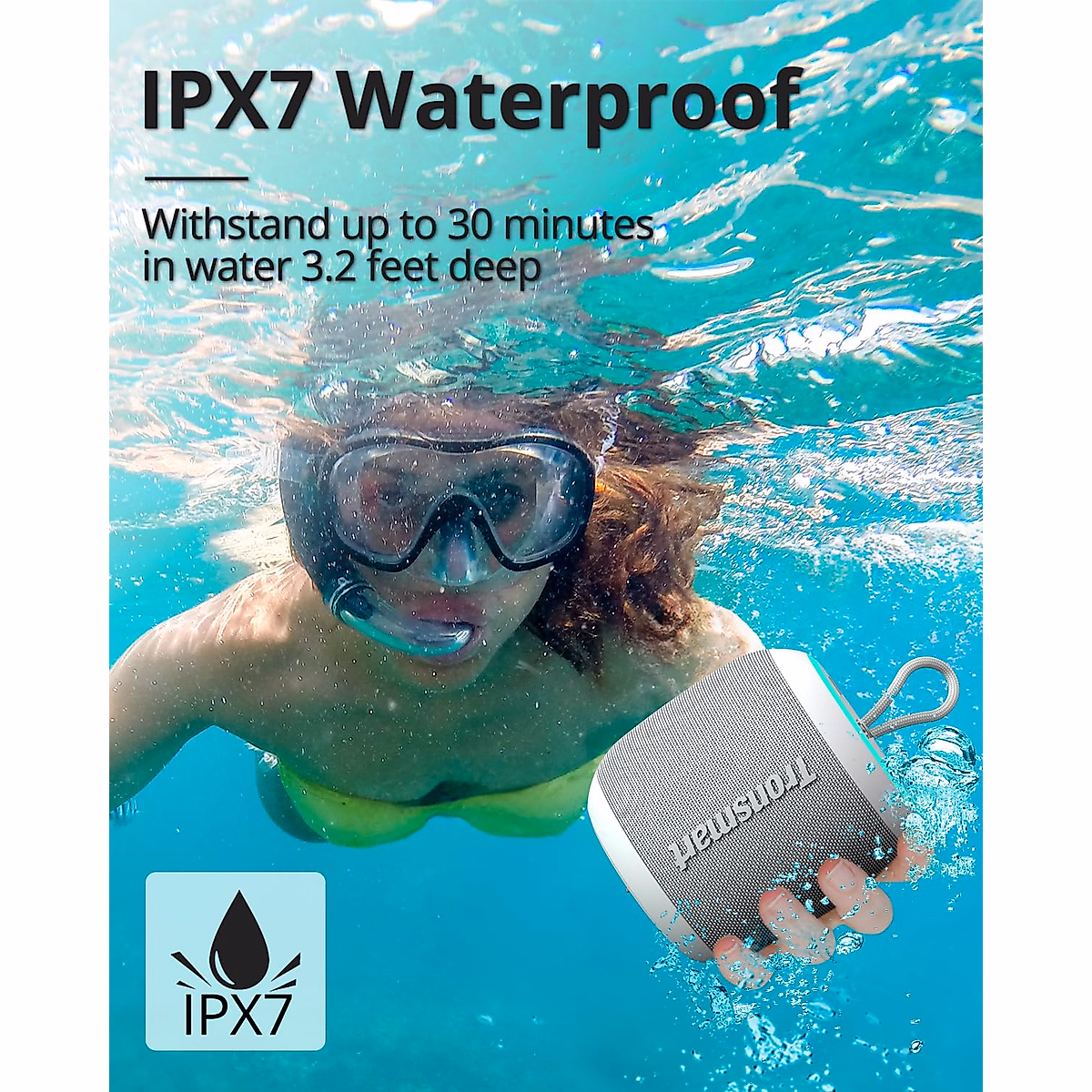 Tronsmart T7 Mini Compact Portable Bluetooth Speaker with Lights, Stereo Sound, Bluetooth 5.3, 18H Playtime, Stereo Pairing, Voice Assistant, IPX7 Waterproof Shower Speaker & Outdoor Speakers (Grey)