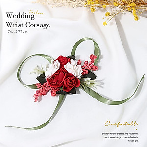 CASDRE Flower Wedding Wrist Corsage Red Floral Bridal Corsage Wristlet with Ribbon Prom Hand Flowers for Women and Brides