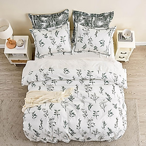 Simple&Opulence 100% Cotton Duvet Cover Set King Size, 3Pcs White Floral Botanical Printed Comforter Cover Set with Button Closure, Soft Breathable Bedding with Linen Trim for All Seasons