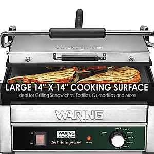 Waring Commercial WFG275T Full Sized 14" x 14" Flat Toasting Grill, 20 Minute Countdown Timer, 120V, 1800W, 5-15 Phase Plug