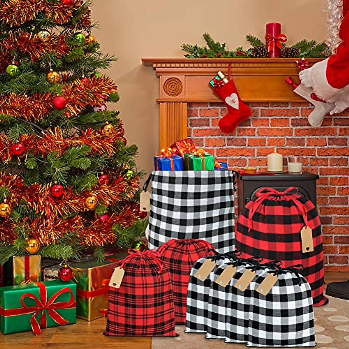 YQL Buffalo Plaid Drawstring Bags, 9Pcs Soft Flannel Christmas Gift Bags Assorted Sizes Christmas Fabric Bags Reusable Christmas Gift Bags for Christmas Package Birthday Holiday Party(Red&Black)