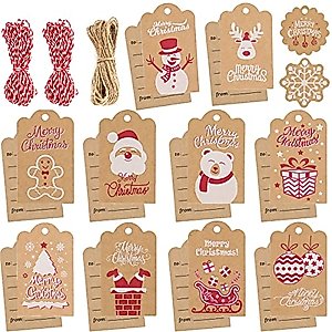 120 Pcs Kraft Paper Christmas Gift Tags in 12 Patterns with "to and from" Writing Backside Design , Xmas Gift Tags with 98 Feet Twine for DIY Xmas Holiday Present,Decor Christmas Gift,