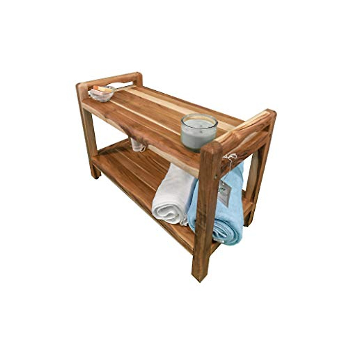 EcoDecors Teak Shower Bench 29" Wood Shower Seat Stool with Storage Shelf and LiftAide Arms, Eleganto Shower Bench for Indoors and Outdoors