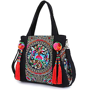 Embroidered Tassels Tote Shoulder Bag Casual Canvas Handbag Cross Body Bag
