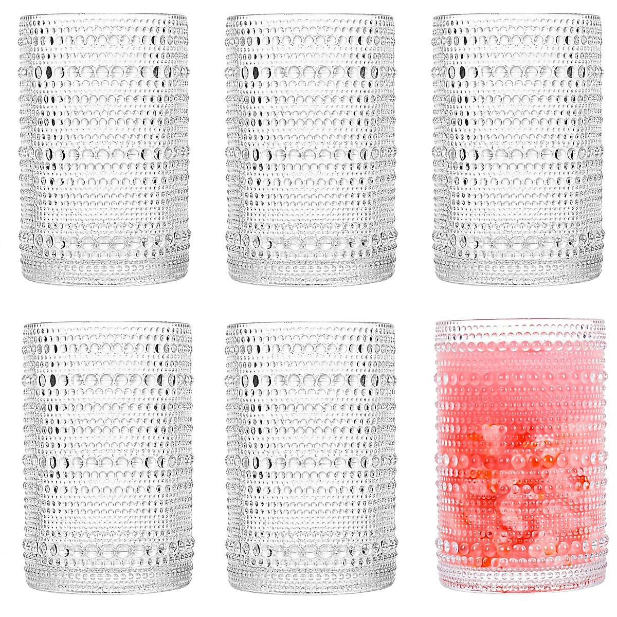 Consou Large Glasses Set of 6, 15 oz Hobnail Glassware Thick Glass Heavy Base