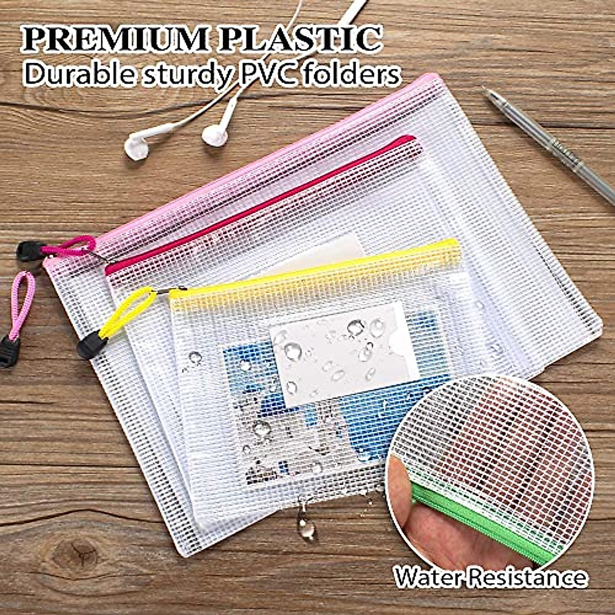 Sooez 20 Pack Plastic Zipper Pouches, 9 Sizes(Super Large A3 Included) Waterproof Mesh Zipper Bag, Zipper Mesh Pouch Plastic Document Pouch Organization Bag for School Office Home Travel Organize