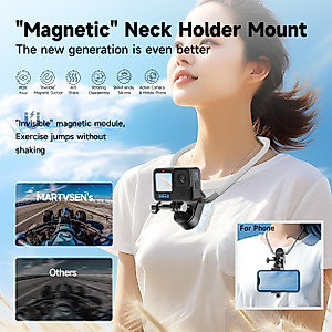 MARTVSEN "Magnetic Neck Selfie Holder Mount with Phone Clip Kit, POV View Video Vlog Selfie Hand Free Necklace Lanyard Body Strap Mount Holder for GoPro Max Hero Insta360 DJI Action iPhone Samsung