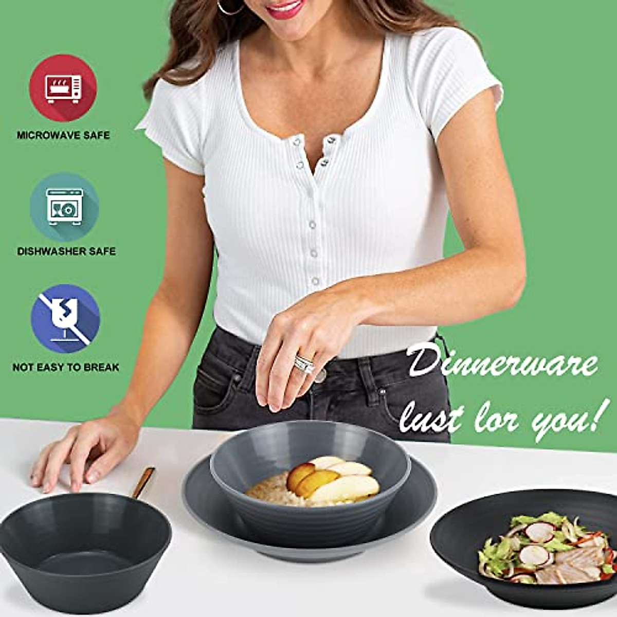 Wrova Wheat Straw Dinnerware Sets - 8 set Unbreakable Microwave Safe Dishes - Reusable Wheat Straw Plates and Bowls Sets for Kitchen - Kid’s Wheat Straw Bowls and Plate for Cereal, Soup （4 color）