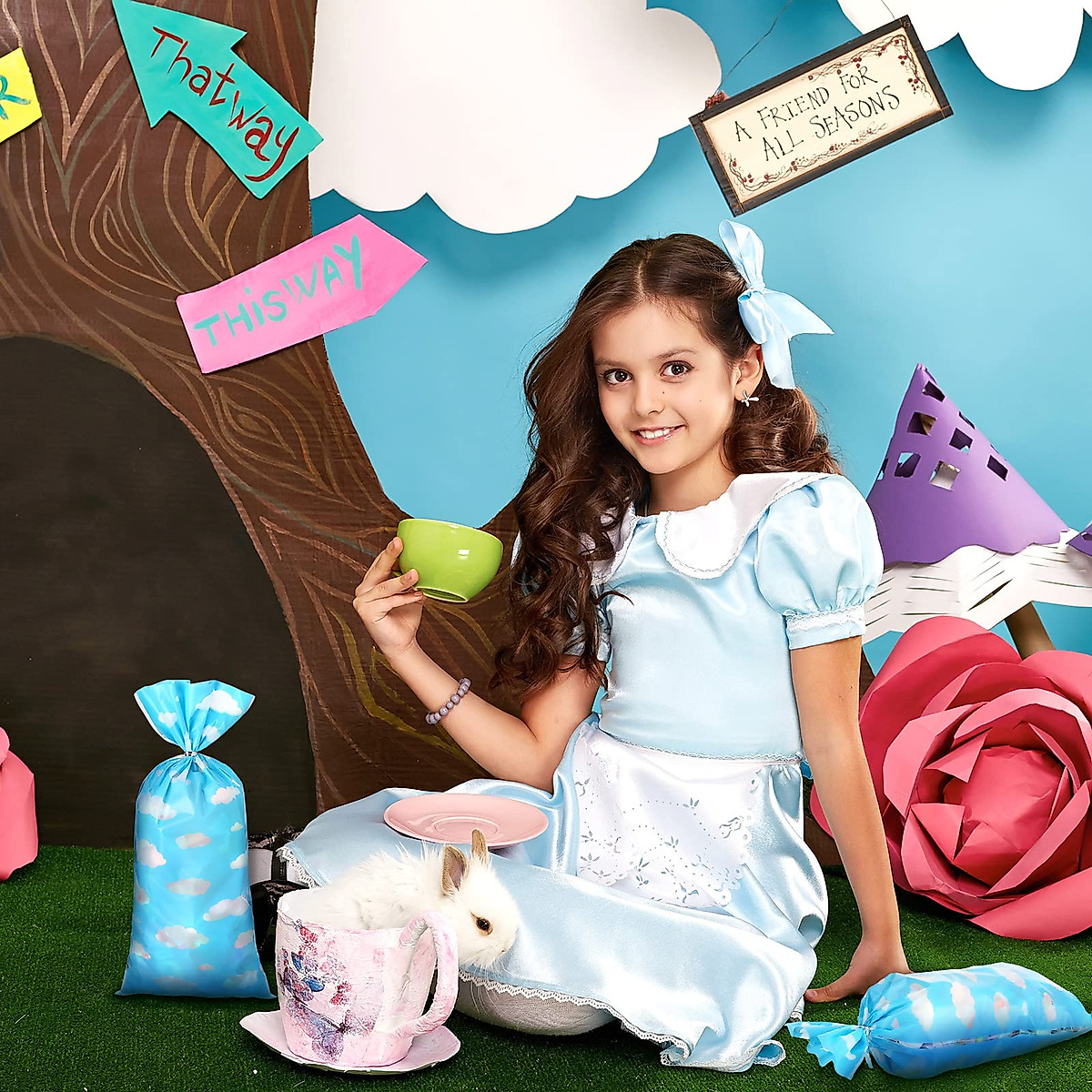 Outus 100 Pieces Blue Sky White Clouds Birthday Party Supplies Blue Sky White Clouds Cellophane Bags Cartoon Story Gift Bags with 200 Silver Twist Ties for Baby Kids Shower Birthday Party Decorations