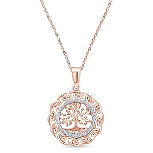 AFFY Celtic Knot Tree Life Pendant Necklace in 14k Rose Gold Over Sterling Silver Round Cut White Cubic Zirconia