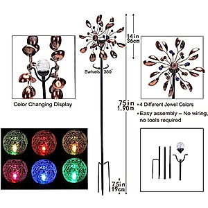 NUENUN Wind Spinner Outdoor Metal - Multi-Color Seasonal LED Lighting Solar Powered Glass Ball with Kinetic Wind Spinner Dual Direction for Patio Lawn & Garden
