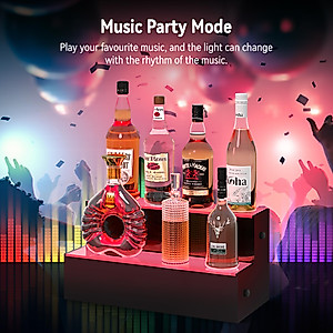 Warmiehomy LED Lighted Liquor Bottle Display Shelf, 16" 2 Step Acrylic Bar Shelves for Liquor Bottles, Alcohol Whiskey Shelves with Smart App & Remote Dual Control for Home Commercial Bar Drinks