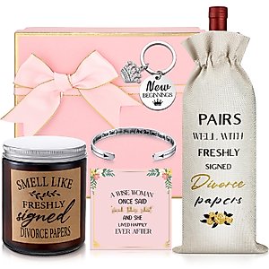 Quelay 7 Pcs Divorce Gifts Box for Women Funny Divorce Party Gifts Decorations Breakup Gifts Divorce Candles New Beginnings Keychain Wine Bag Bracelet for Newly Divorced Woman