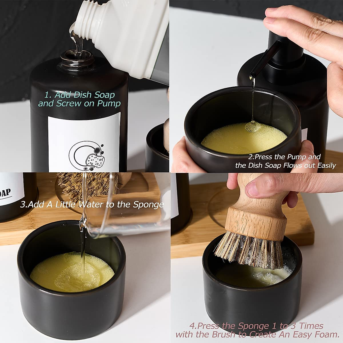 GIRLUFO Black Kitchen Soap Dispenser Set,4Pcs Dish Soap Dispenser Kitchen with Bamboo Tray and Natural Dish Brush,Modern Ceramic Hand and Dish Soap Dispenser Set,13 oz Liquid Soap Dispenser with Pump