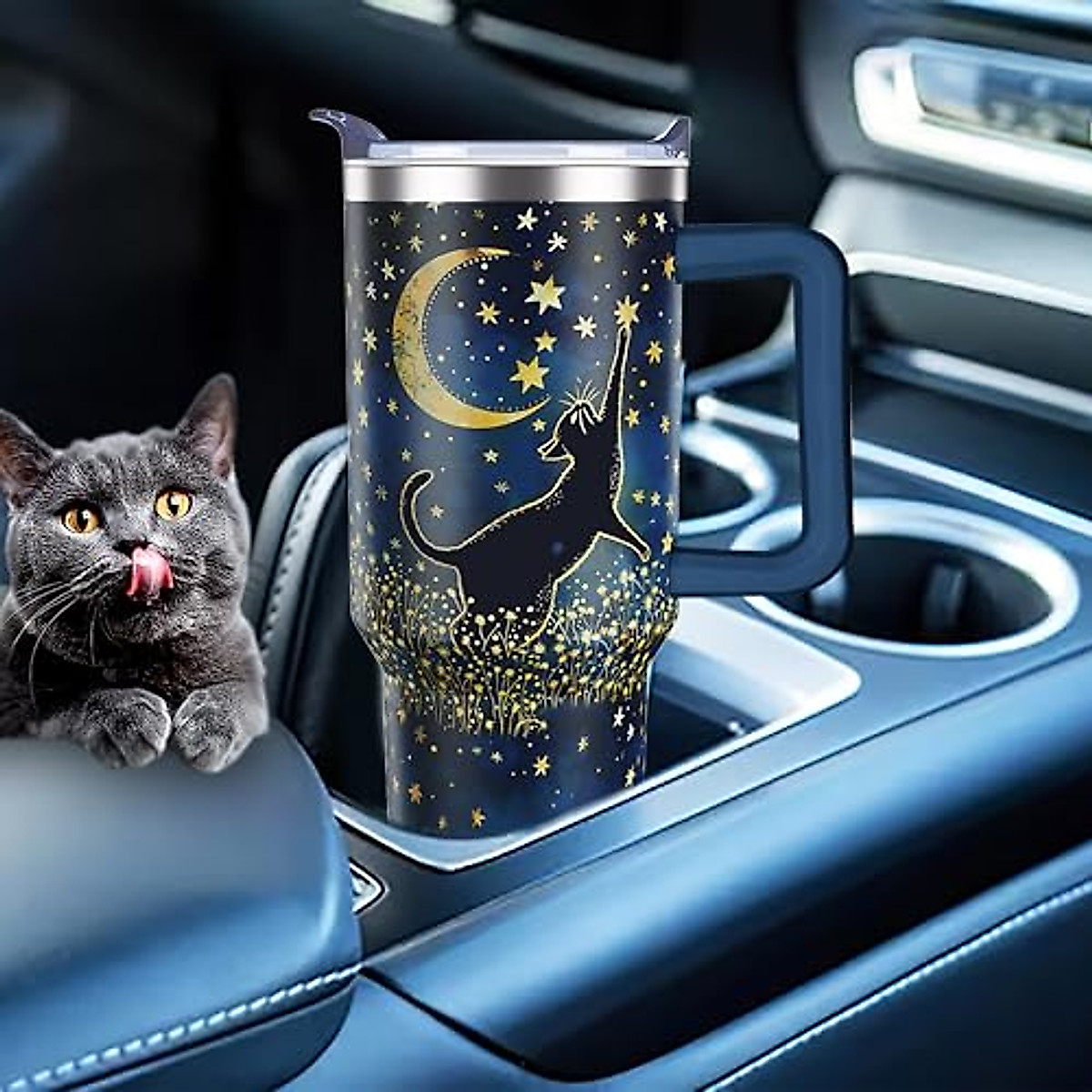 Mindunm 40 oz Cute Cat Tumbler with Handle and Straw Lid cat gifts for cat lovers for Women Double Insulated Cup Travel Coffee Mug