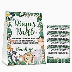 Diaper Raffle Baby Shower Game Set(1 Standing Sign + 50 Guessing Cards), Safari Diaper Raffle Tickets for Baby Shower, Jungle Baby Shower Party Favor Decor - A03