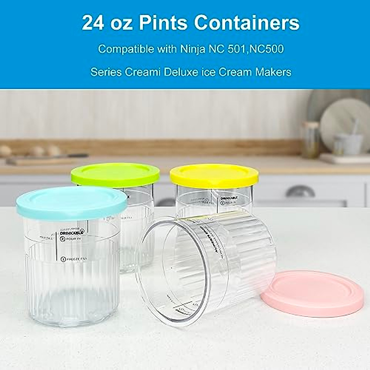 CUTIECLUB 4 Ice Cream Pint Containers 24oz and Lids for Ninja Creami NC500 NC501 Series Deluxe ice Cream Makers, and 12 Pack 5 oz Square Clear Plastic Dessert Cups with Spoons Set