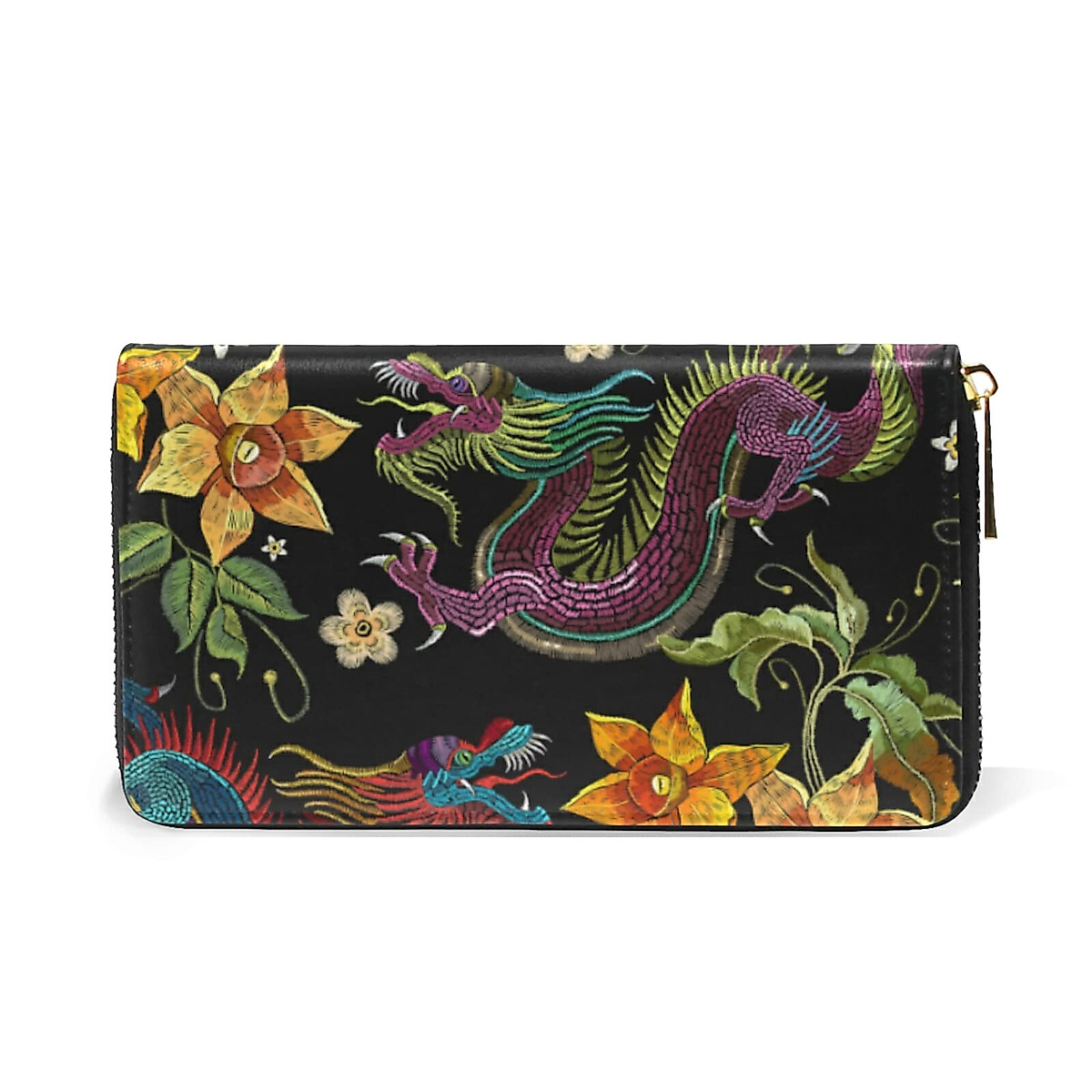 Embroidery Asian Dragons Yellow Flowers Chinese Dragons on Dark Leather Long Wallet Organizer with Zipper Purse Clutch Bag for Women Men