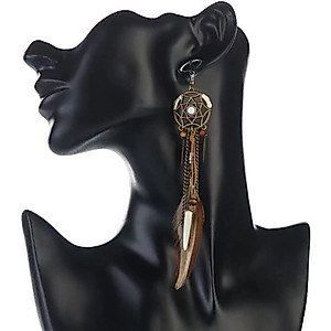 ZHAOZOUL 2 Pieces Stainless Steel Ethnic Feather Pendant Hanging Ear Gauge Ear Meat Tunnel Plug Boho Feather Tassel Ear Extension,Silver,10mm