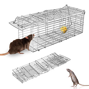 KOCASO Humane Live Rat Trap Foldable Live Animal Trap Humane Foldable Rat Trap Cage W/Detachable L Shaped Rod Squirrel Trap Galvanized Iron Mice Mouse Cage/Small Groundhog Control Bait Catch