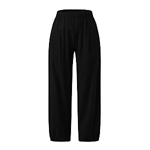 Bozanly Womens Summer Capri Pants Elastic Waist Cotton Linen Yoga Cropped Pants Trousers(0520-Black-XL)