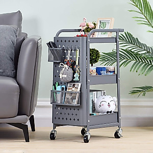 KINGRACK 3-Tier Rolling Cart, Metal Utility Cart with Pegboard, Storage Trolley Organizer Serving Cart with Handle and Extra Baskets Hooks for Kitchen Office Teacher Classroom, Grey