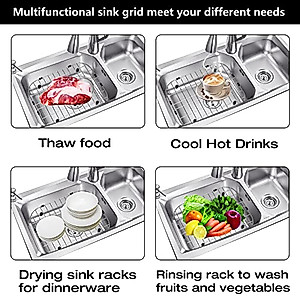 ARLBA 2Pack 304 Stainless Steel Sink Protector for Double Kitchen Sink Rear Drain,(13"x16"& 11.26"x14.5") Metal Sink Grid Sink Grate Sink Rack for Bottom of Kitchen Sink w/Sink Strainers Rubber feet