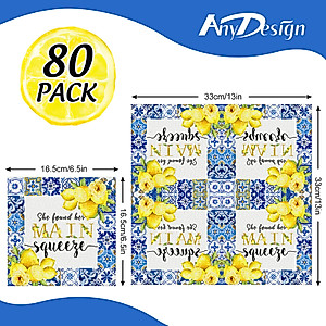 AnyDesign 80 Pack Lemon Luncheon Napkins Disposable She Found Her Main Squeeze Paper Decorative Napkins Blue Tiles Print Dessert Dinner Hand Napkin for Buffet Party Supplies Decoration, 6.5 x 6.5 In