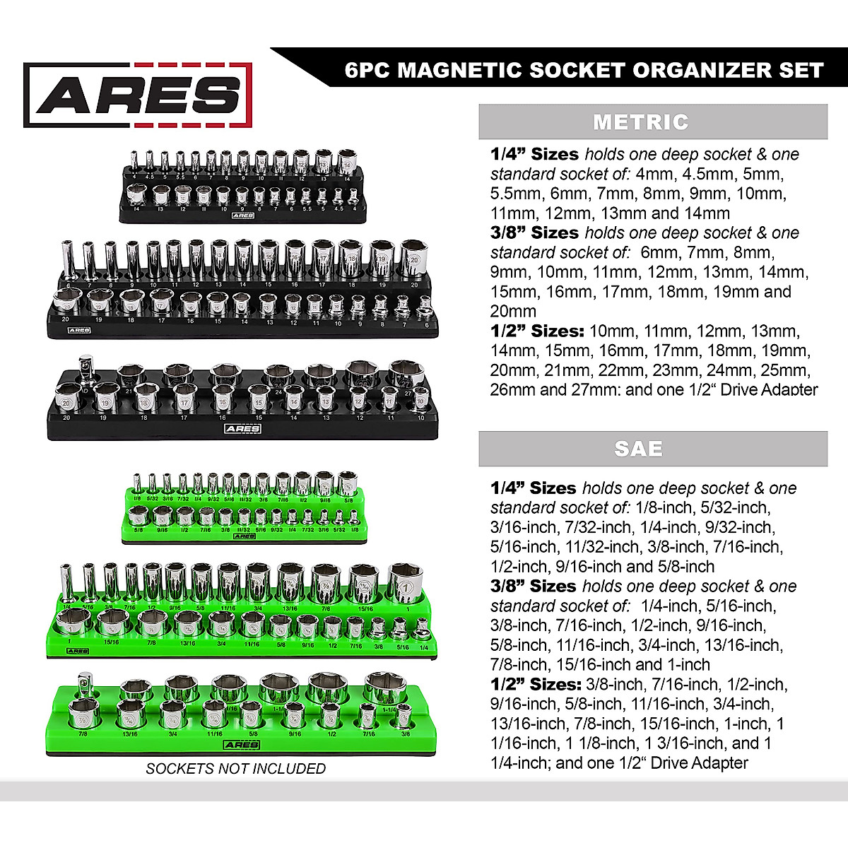 ARES 60160-6-Piece Magnetic Socket Organizers - Metric and SAE Set Black and Green -1/4 in, 3/8 in, 1/2 in Socket Holders -143 Pieces of Standard (Shallow) and Deep Sockets -Organize Your Tool Box