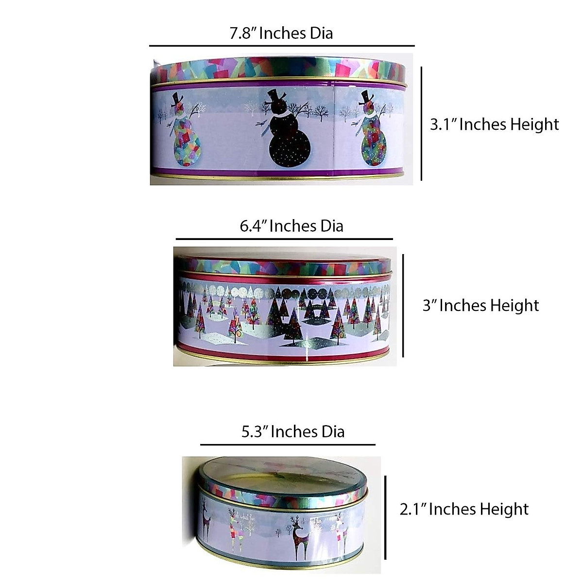 hadaaya Pack of 3 Round Tin Containers With Lids, Snowfall Themed Festive Cookie Tins For Cookies, Candies, Popcorn and many more | Tins For Gift Giving