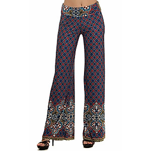 SugarRock Women Paisley Palazzo Pants Fold-Over Waist Wide Leg Blue/Red