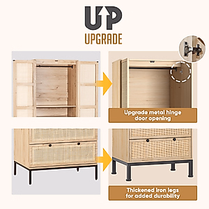 Brafab 74" Natural Rattan Woven Wardrobe Armoire Closet with Hanging Rod, Natural Wooden Armoires Storage Cabinet with Large Drawers and Adjustable Shelves, Tall Freestanding Wooden Closet for Bedroom